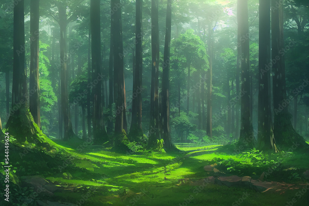 A beautiful rural nature forest. an illustration in an anime background ...
