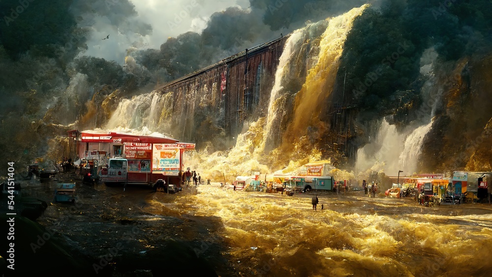 Dam breaks, post apocalyptic scene, city flooded Stock Illustration ...