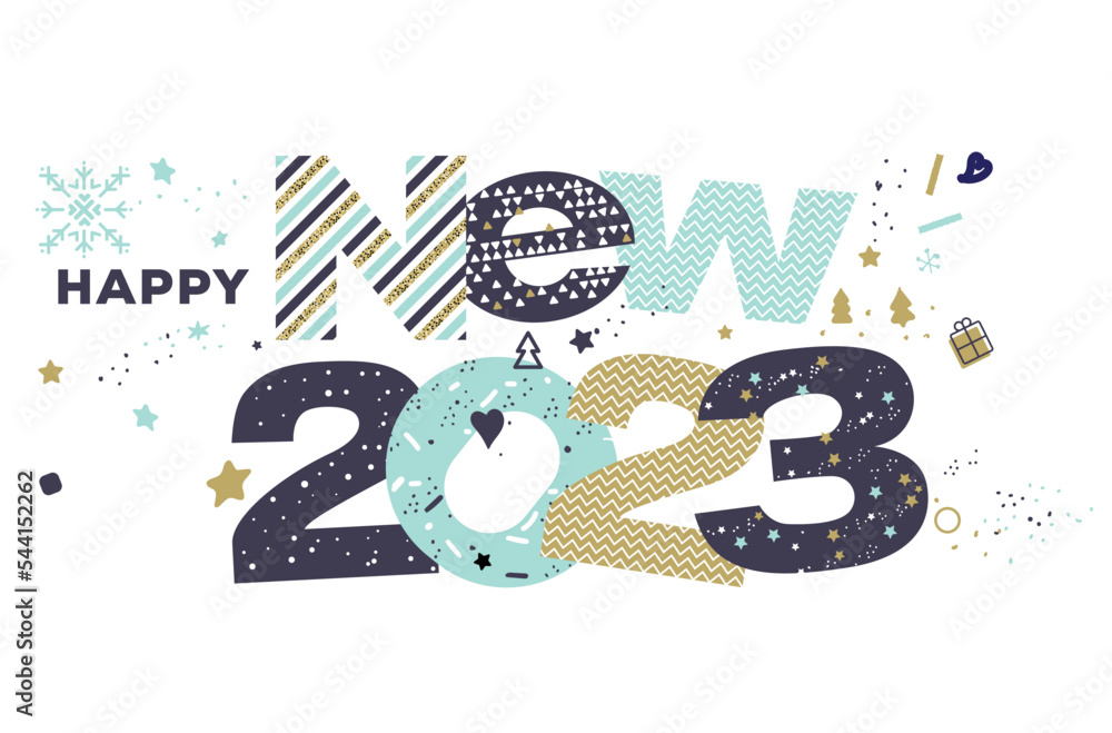 Vetor do Stock: Happy new year 2023 hand draw. Festive 2023 new year ...
