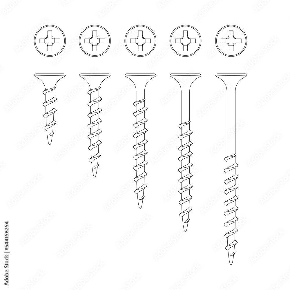 set small and big self tapping screws, black and white illustration ...