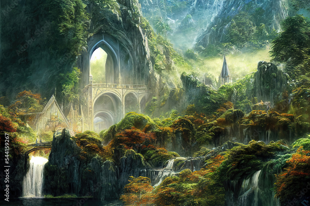 AI generated image of a large Elven or Elvish city with arches, marble palaces, waterfalls and ...