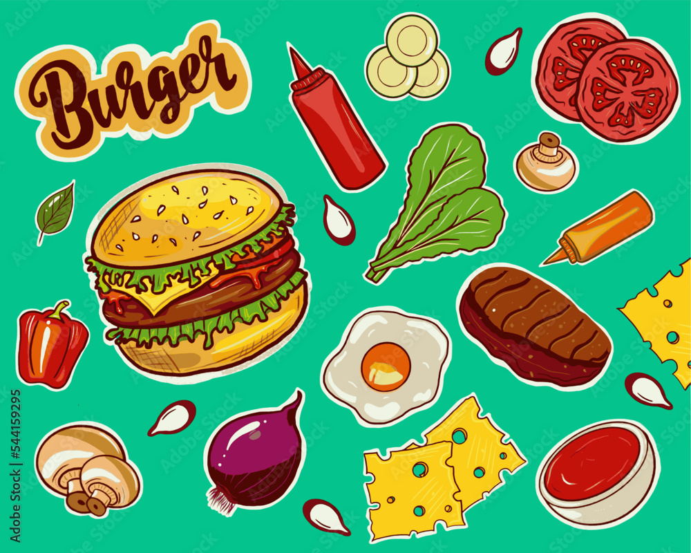 Burger recipe sticker set vector hand drawing. Ingredients for burger ...