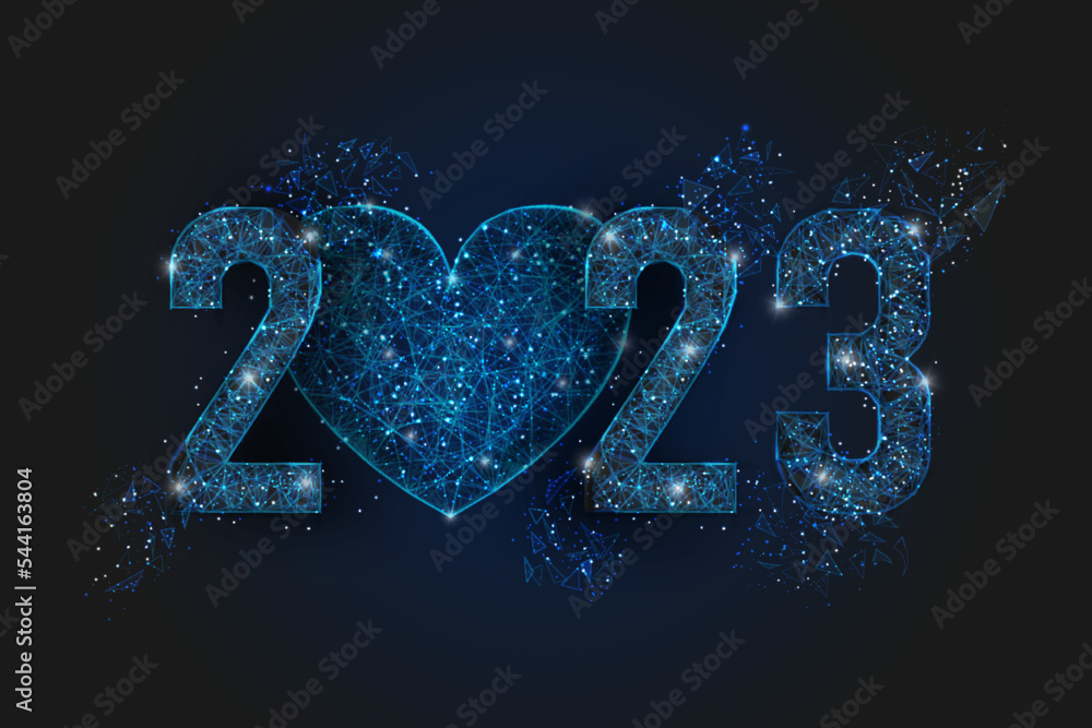 Abstract isolated blue image of new year number 2023. Polygonal low ...