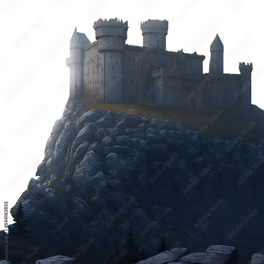 Misty medieval fantasy castle on encrusted into a stone mountain cliff ...