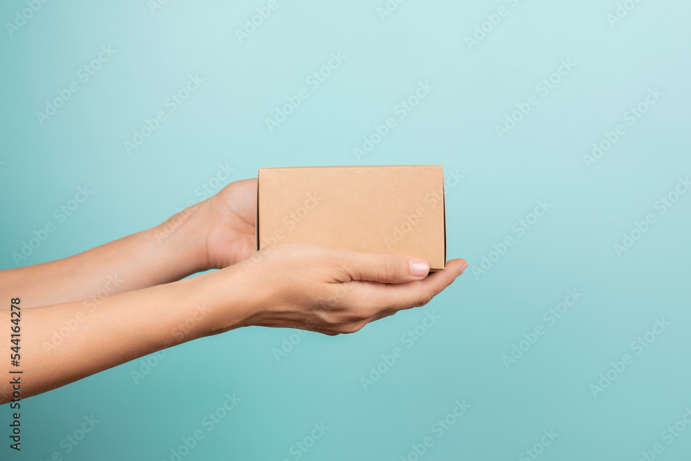 Woman hand holding small brown rectangular cardboard box on light blue ...