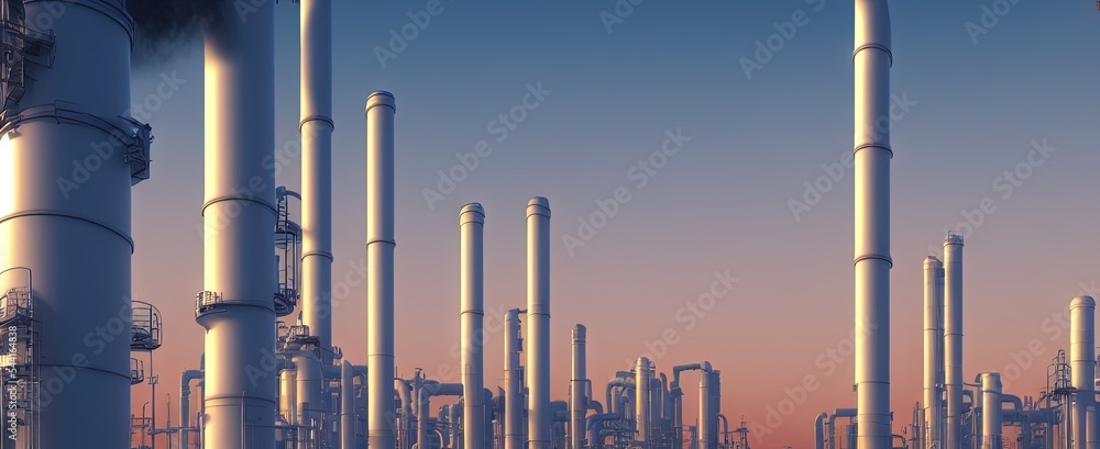Large industrial gas pipelines in a modern refinery at sunrise 3d ...
