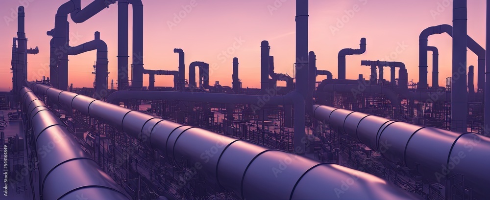 Large industrial gas pipelines in a modern refinery at sunrise 3d ...
