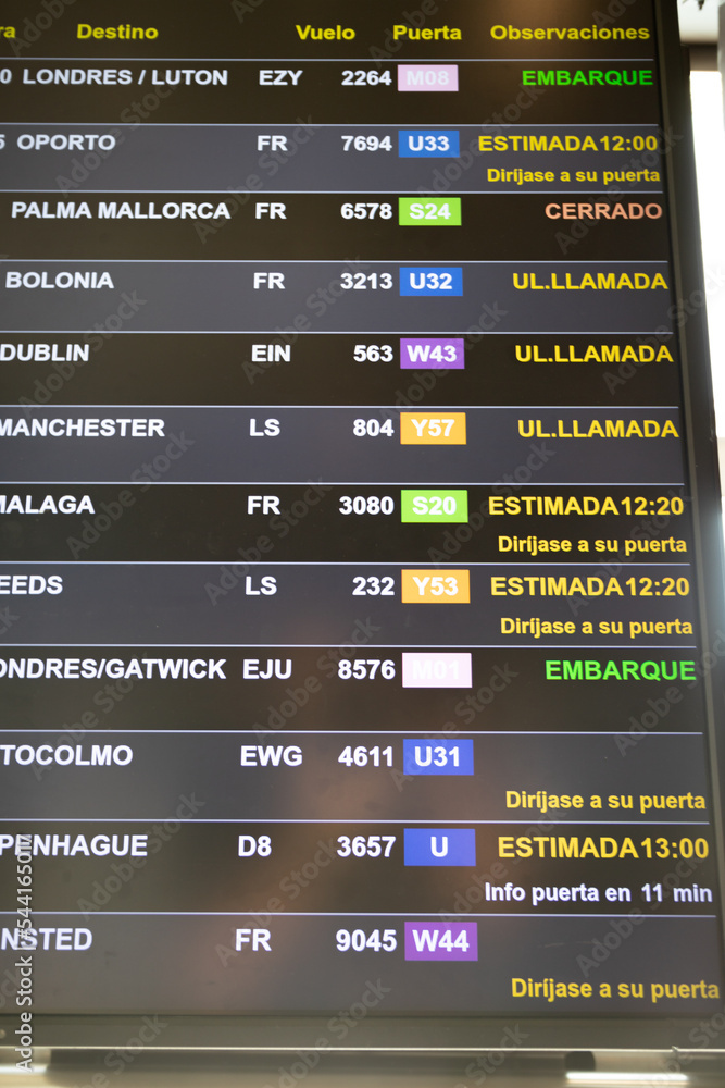 Flight schedule information board inside an airport. Screen panel with ...