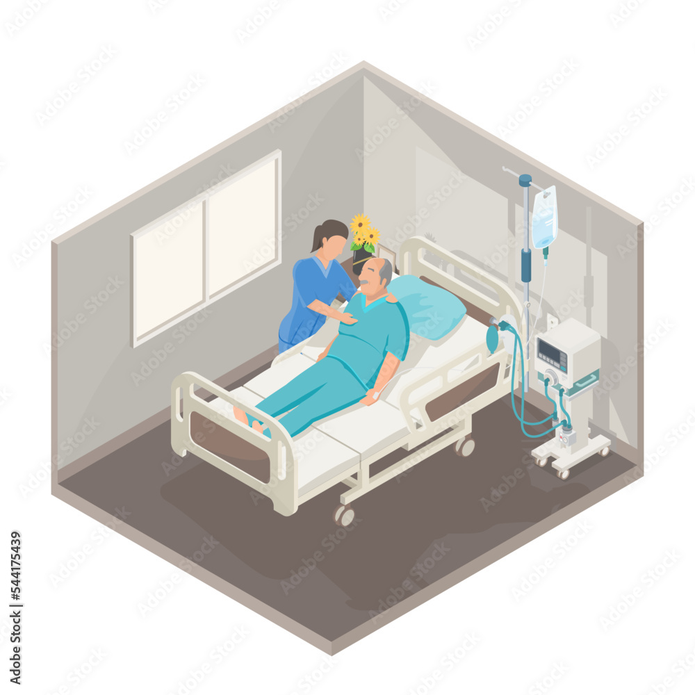 bedridden patient elderly care concept old man isometric hospital room ...
