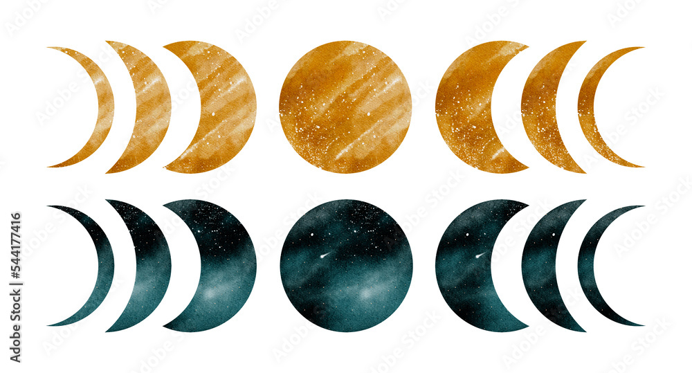 Watercolor phases of the moon. Hand painted illustration set isolated ...