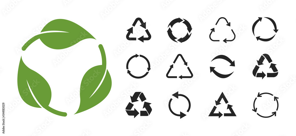 Recycle icons set. Recycling and rotation arrow symbols. Reuse signs ...