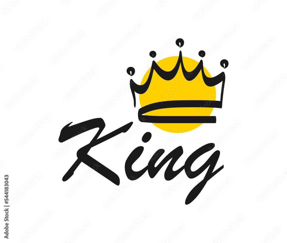 King crown typography. Black lettering King and gold crown. Calligraphy design for the logo, t ...