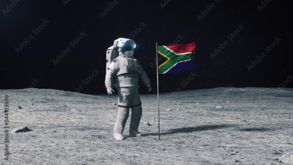Astronaut in outer space on the surface of the moon. Planting South ...