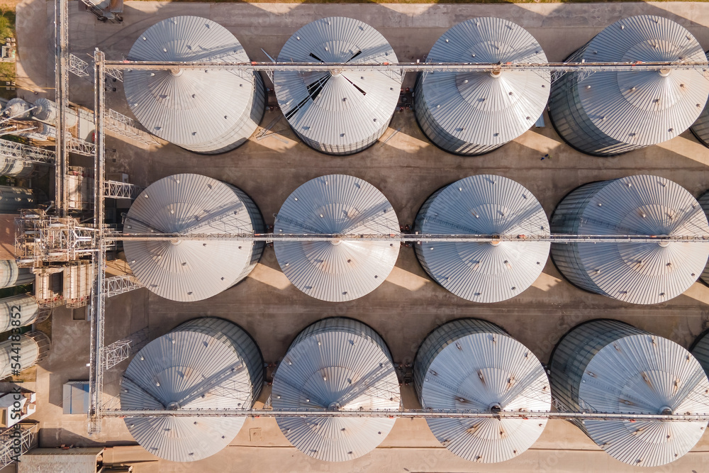 Grain storage elevator, Silo for grain. Aerial top down shot Stock ...