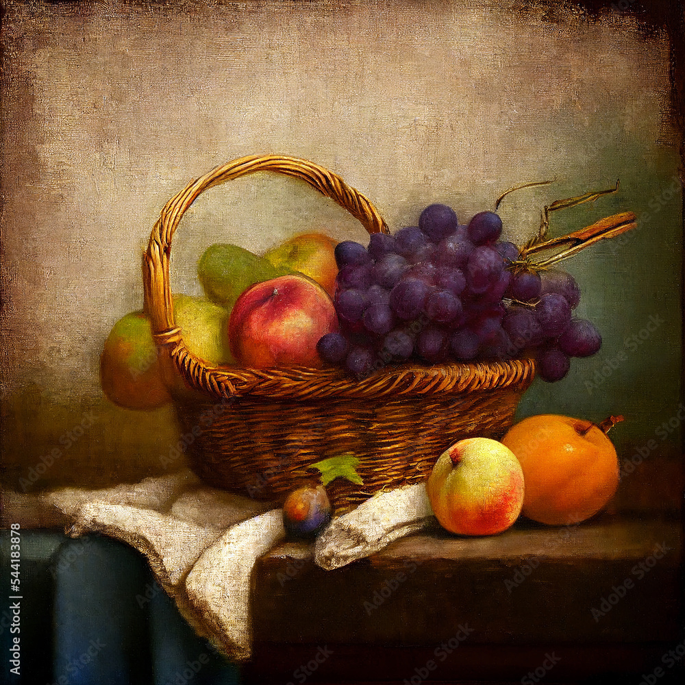 renaissance still life painting of a wicker basket of fruits, a ...