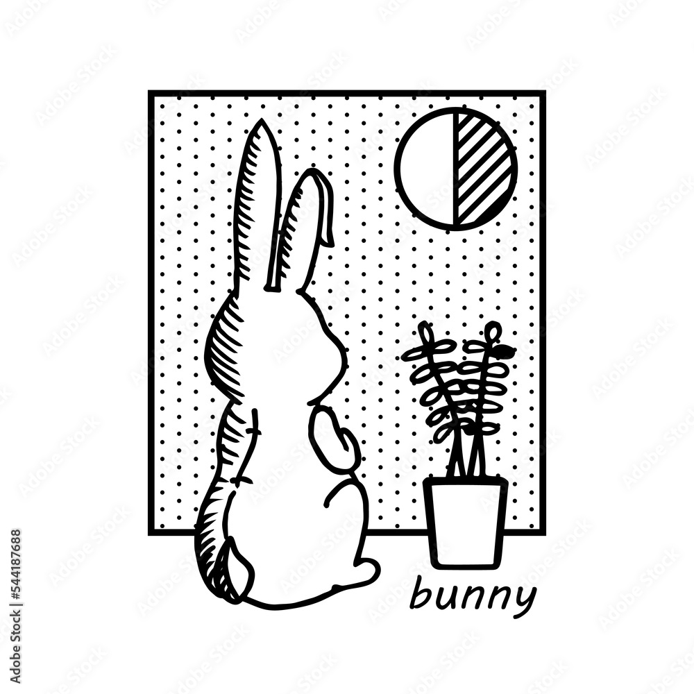 Illustration of sketch sad rabbit looking out the window. Doodle vector ...
