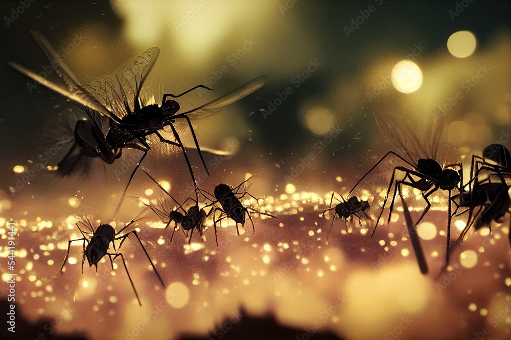 Group of mosquitoes flies through city lights at night. Scenario where ...