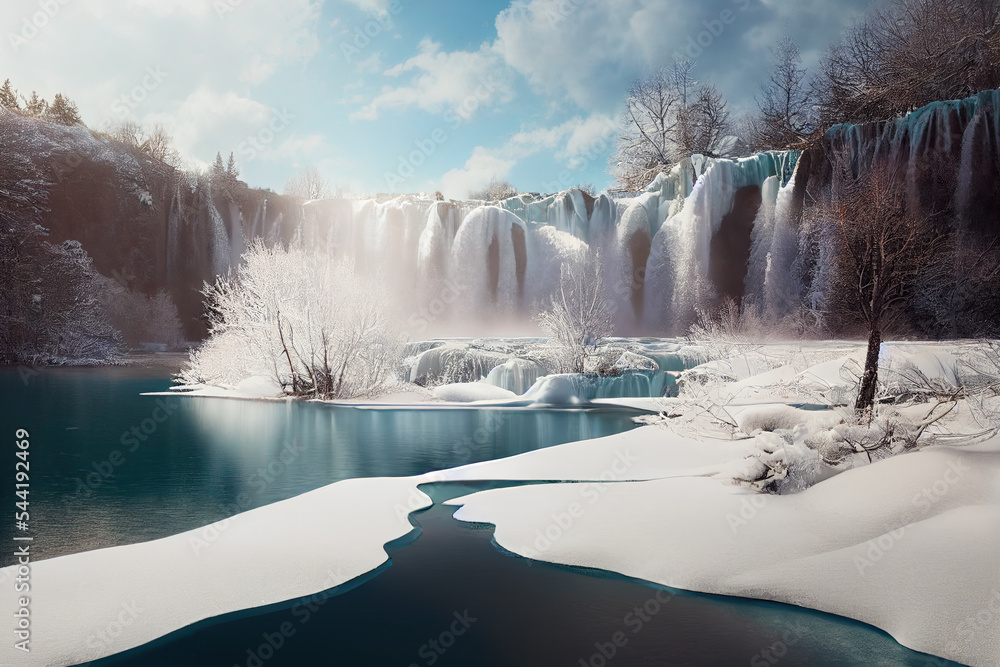 Stunning frozen waterfalls in the winter season are depicted in this ...