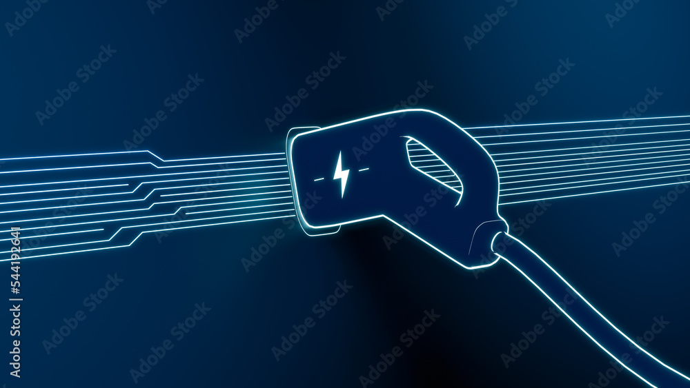 EV car power cable plug into wall charger on electric charging station ...