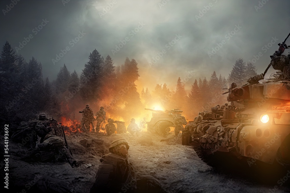 Tanks and infantry fighting in the battlefield of a world war at dawn ...