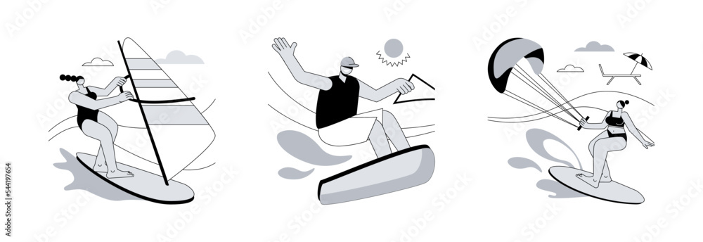Extreme water fun abstract concept vector illustration set. Windsurfing ...