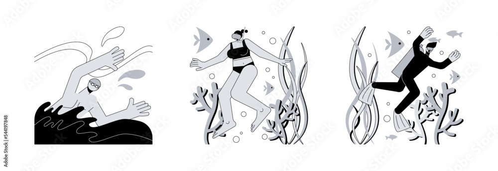 Recreational sport abstract concept vector illustration set. Swimming ...