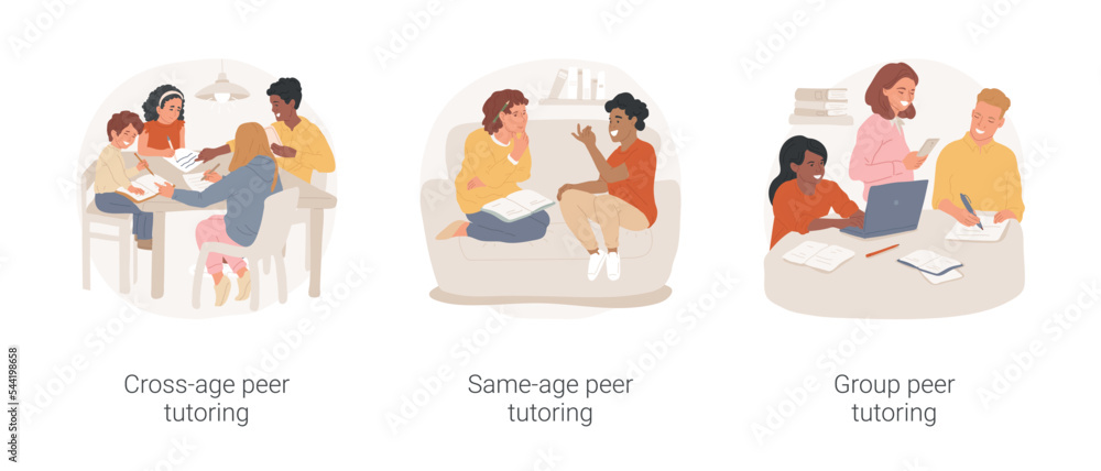 Peer tutoring isolated cartoon vector illustration set. Cross-ager peer ...