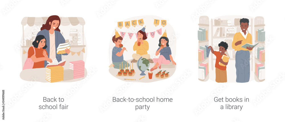 Back to school celebration isolated cartoon vector illustration set ...