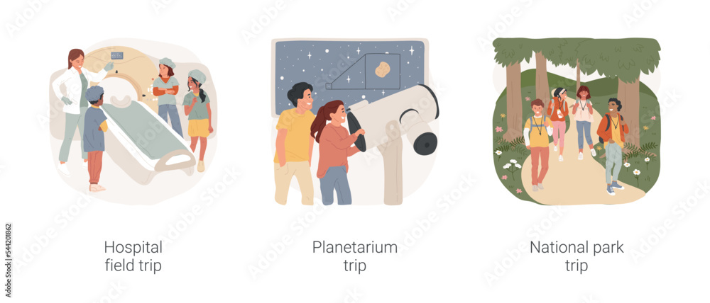 Middle and high school trips isolated cartoon vector illustration set ...