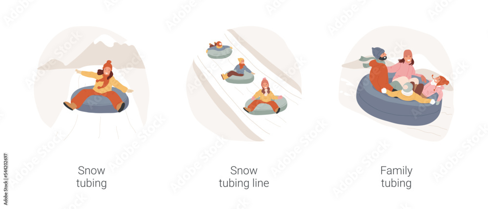 Snow tubing isolated cartoon vector illustration set. Snow tubing line ...