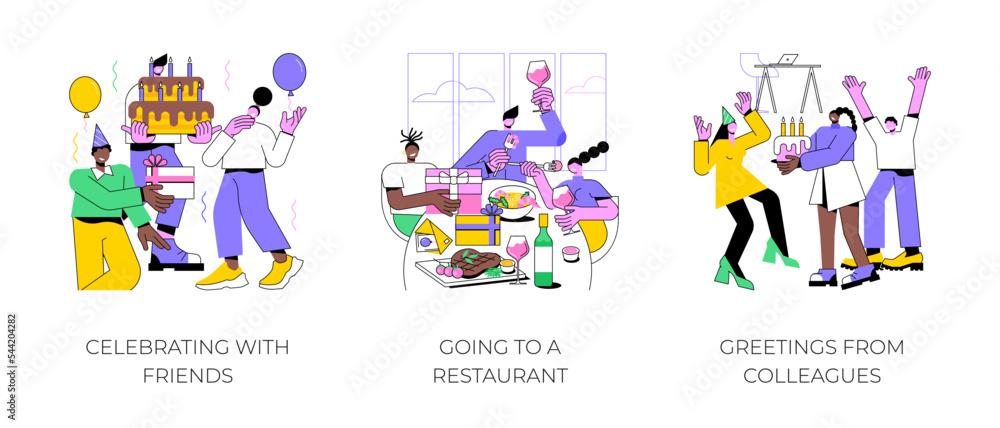 Birthday party isolated cartoon vector illustrations set. Celebrating ...