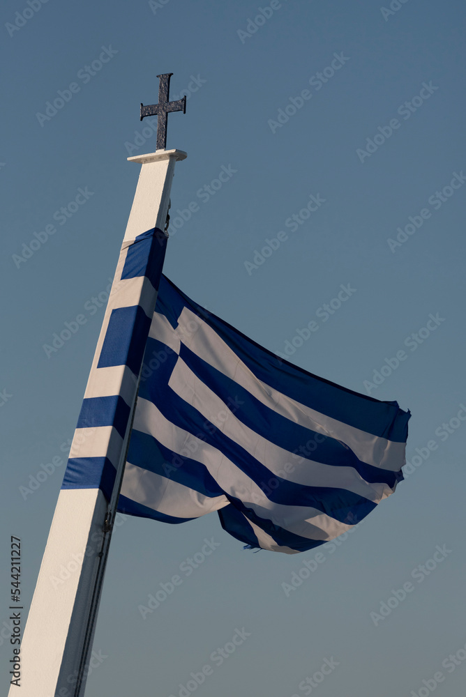 Greece, Europe. 2022. The blue and white national flag of Greece flying ...