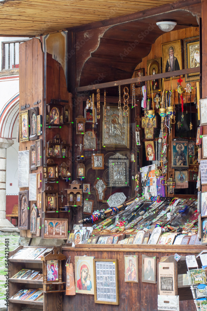 Religious souvenirs and artifacts on display at the Monastery of Saint ...
