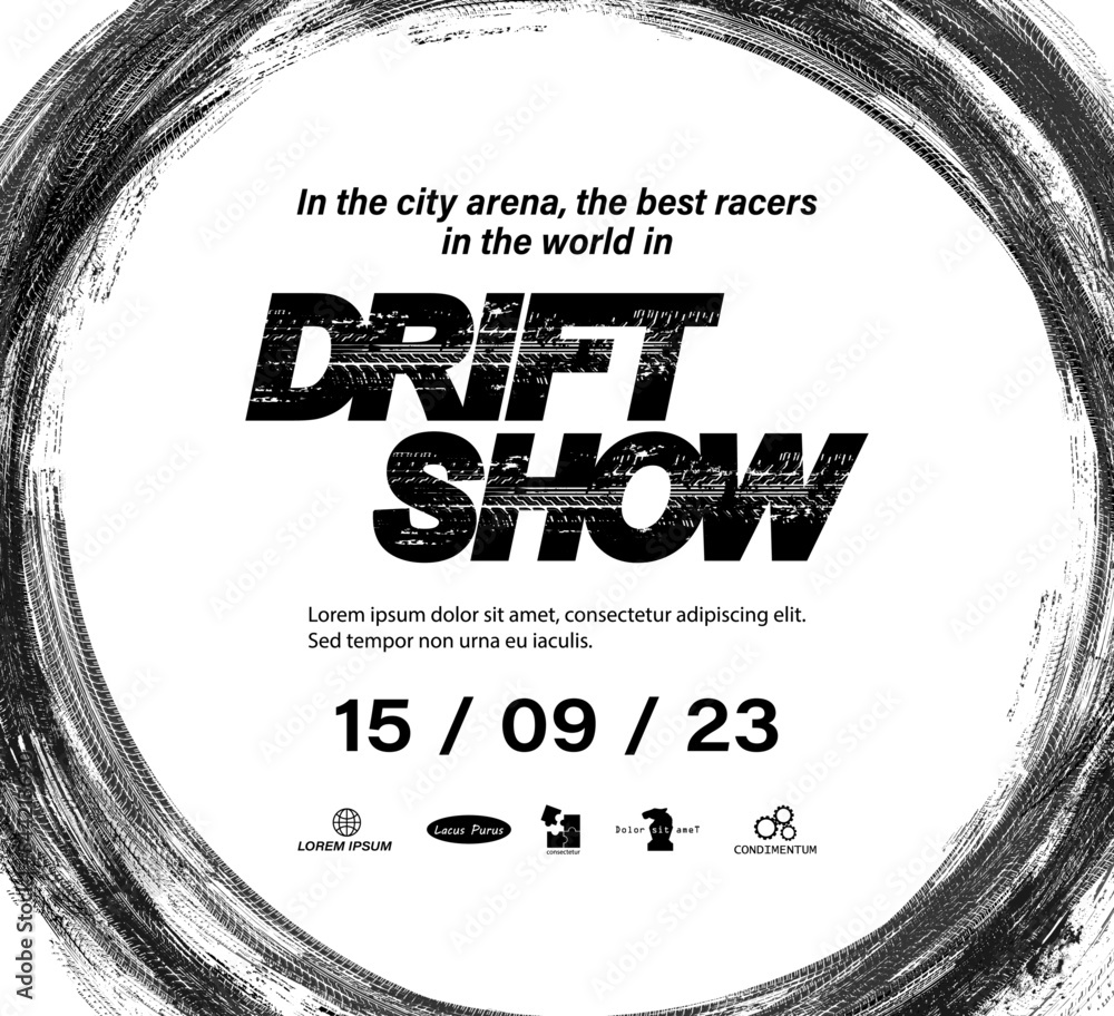Drift show black and white template poster with wheel mark and drift in ...