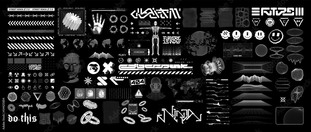 Vetor de Tech retrofuturistic elements collection - HUD interface, abstract shapes, spheres ...