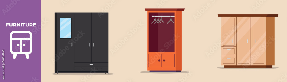 Wooden cupboard set and hanger. Modern Furniture set concept. Colored ...