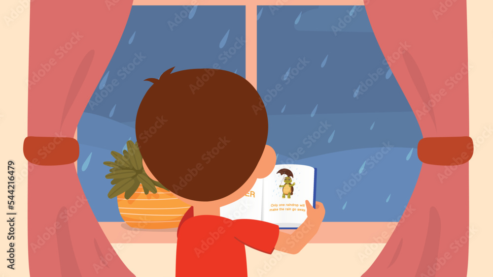 Boy Looking at Rain from Window. Preschooler studying at home and ...