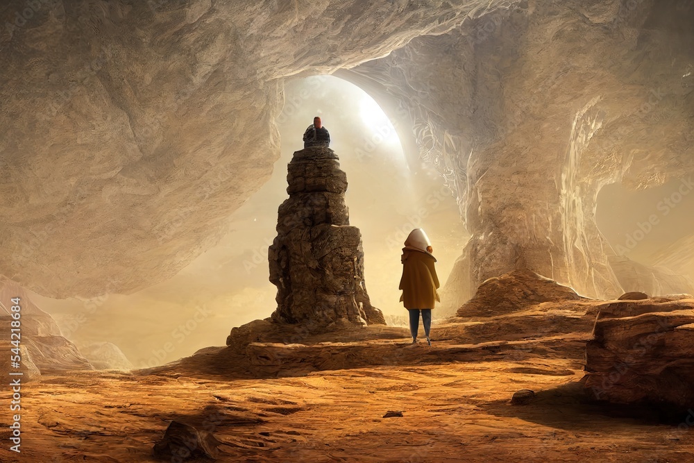 explorer and his child discover ancient temple with alien on stairs and ...