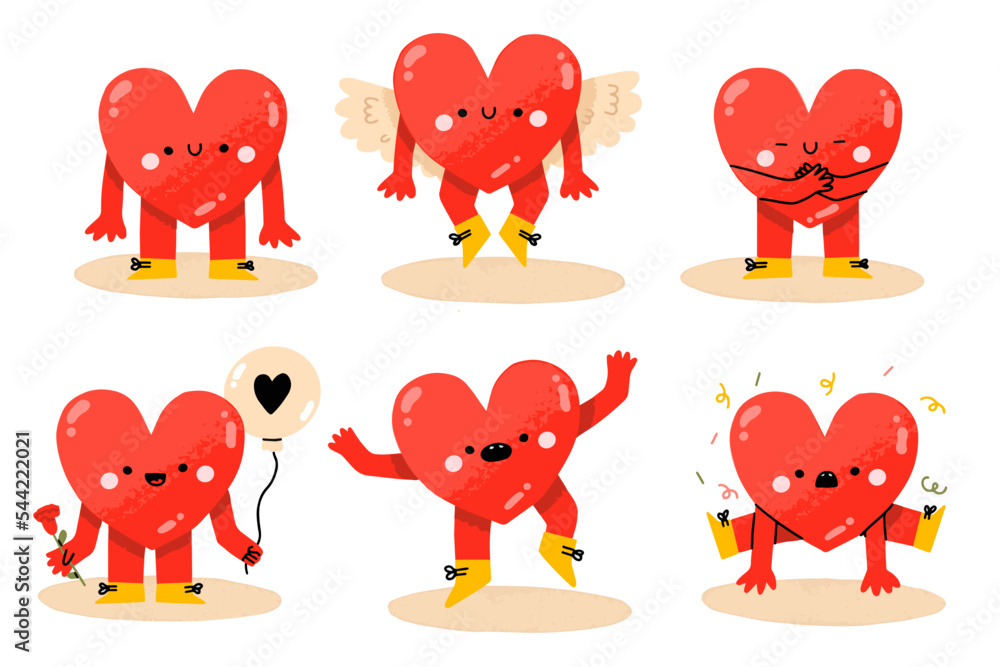 Cartoon heart character. Cute love symbols with faces different poses ...