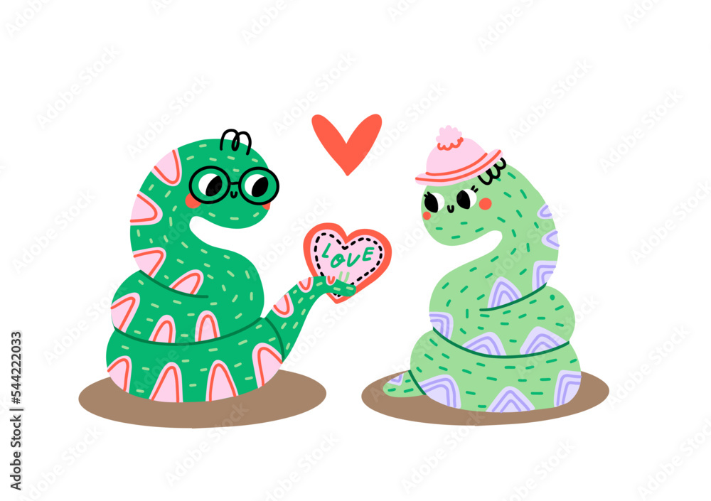 Valentine’s Day vector illustration. Cute couple snakes on white ...