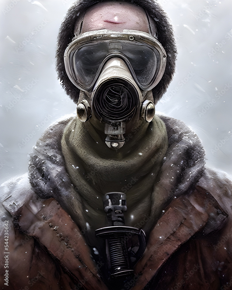 Person wearing gasmask and heavy cold weather clothing surviving a ...