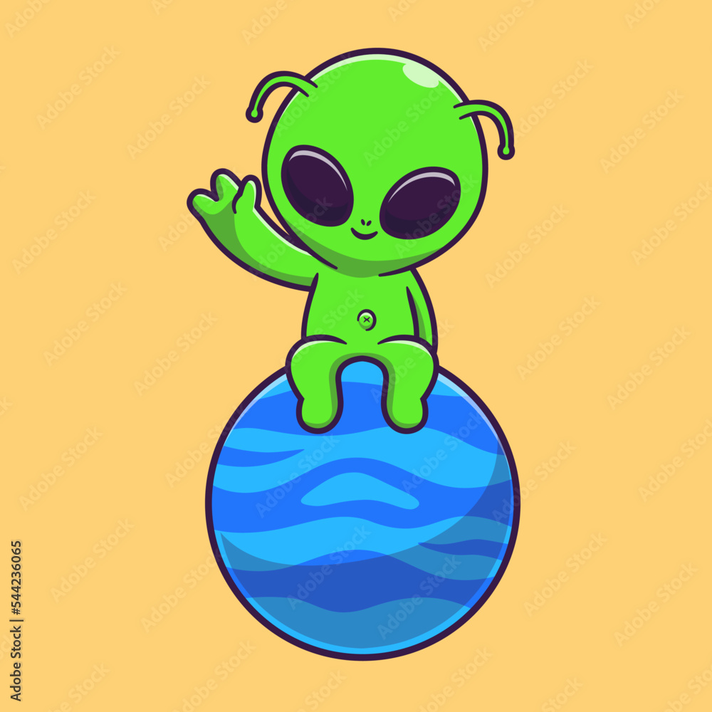 Cute Alien Sitting On Planet with Waving Hand Cartoon Vector Icon ...