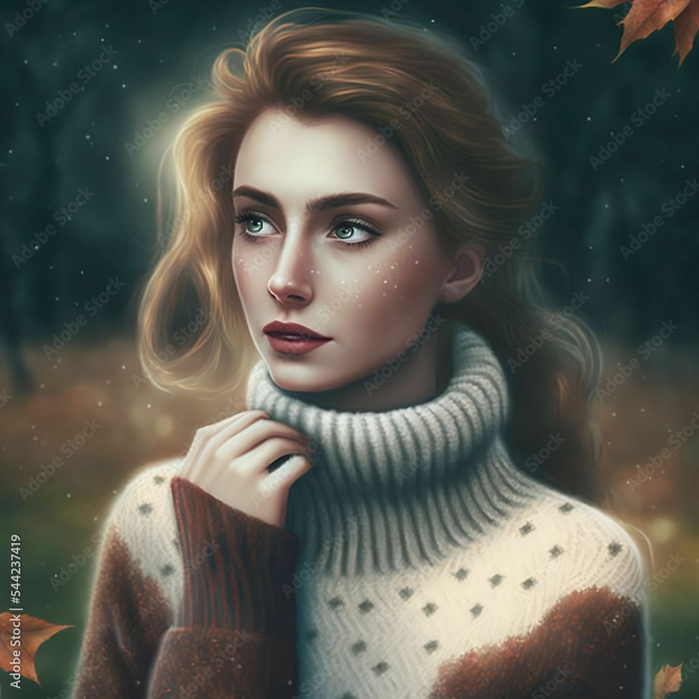 Cartoon Illustration of Beautiful Woman Wearing Turtleneck Sweater ...