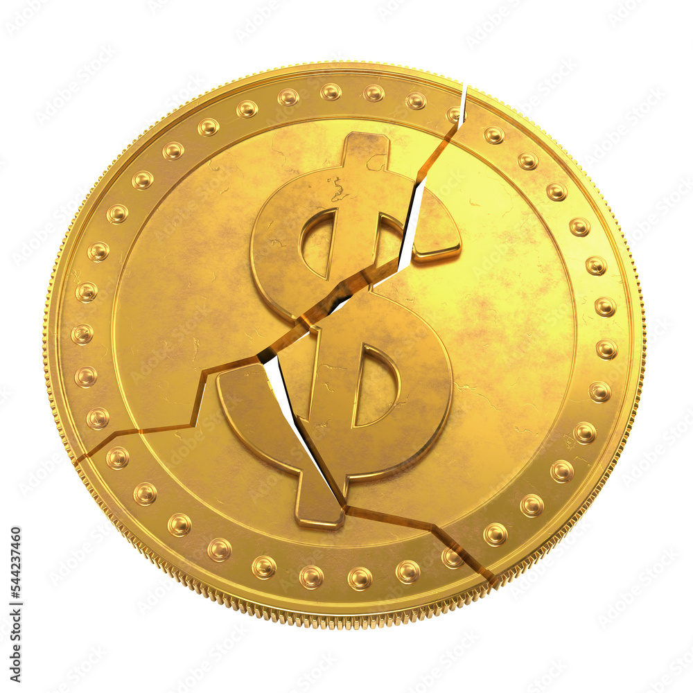 Dollar gold coin symbol cracked, broken, financial problem concept, on transparent background ...