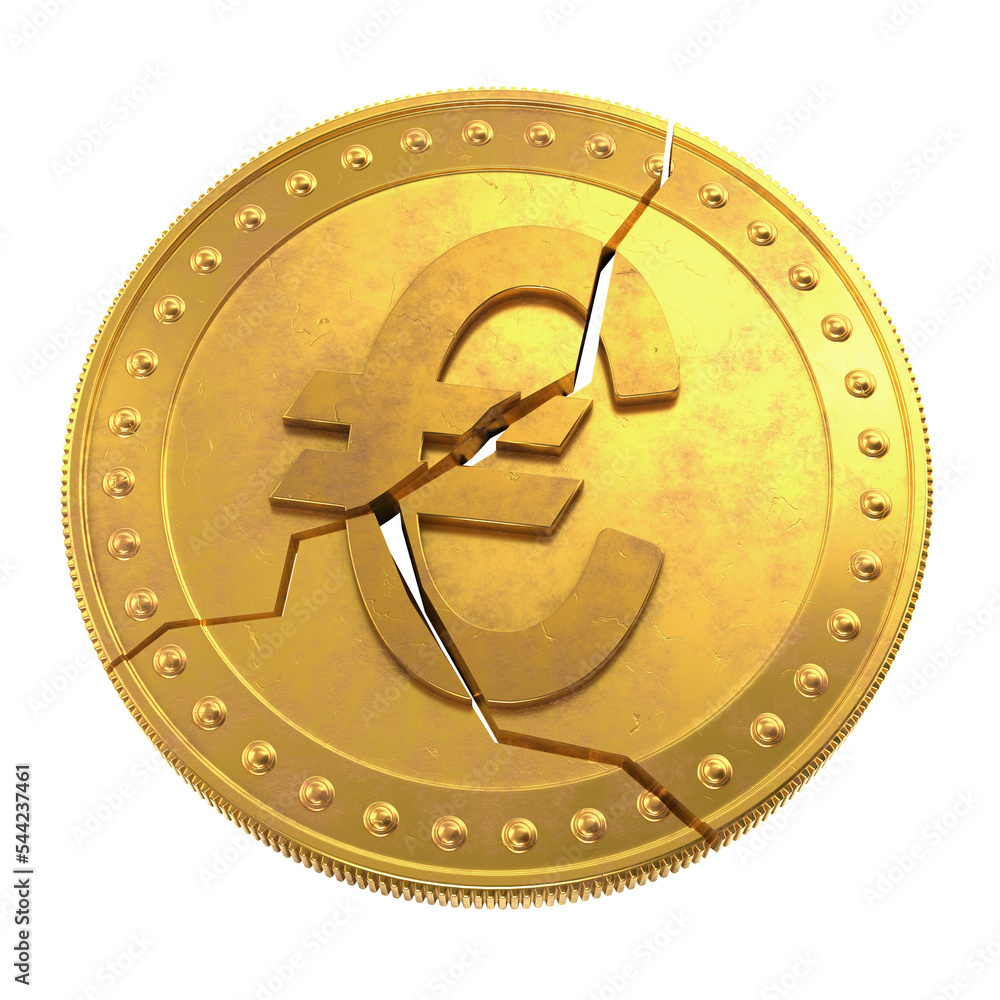 Euro gold coin symbol cracked, broken, financial problem concept, on ...