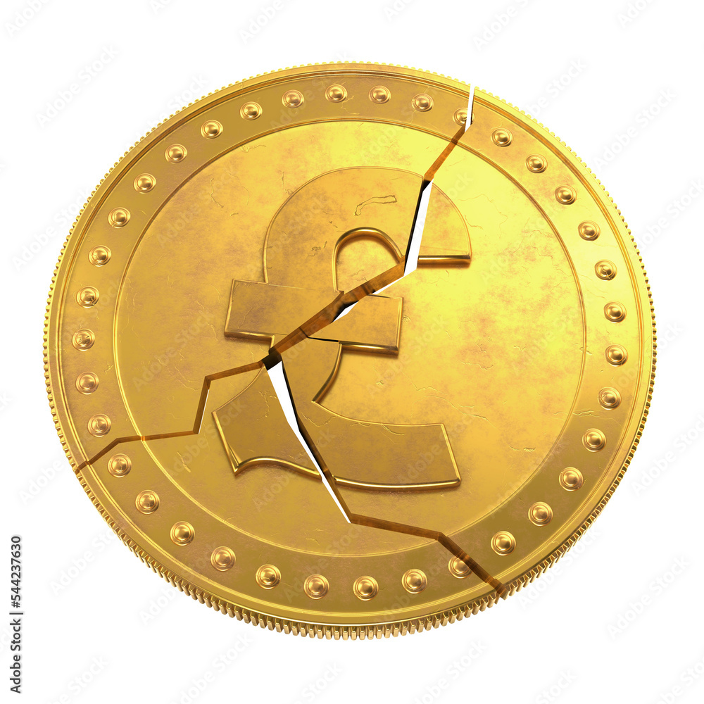 Pound gold coin symbol cracked, broken, financial problem concept, on ...