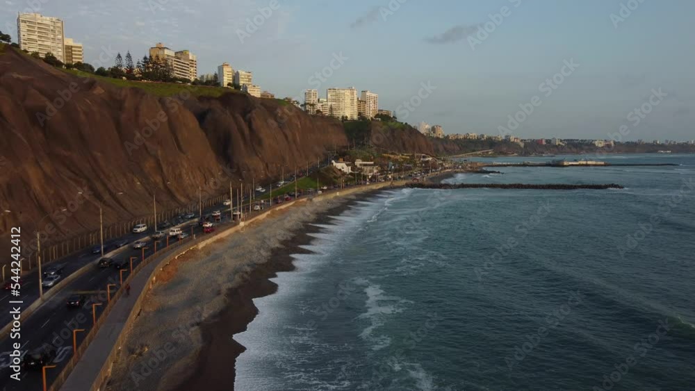 Drone video of a coastal freeway street called "Costa Verde" with many ...