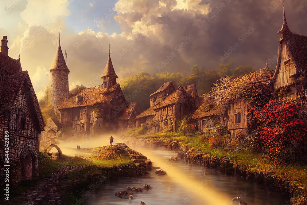 Medieval Village Along a Foggy River at Golden Hour. Summer Village in ...