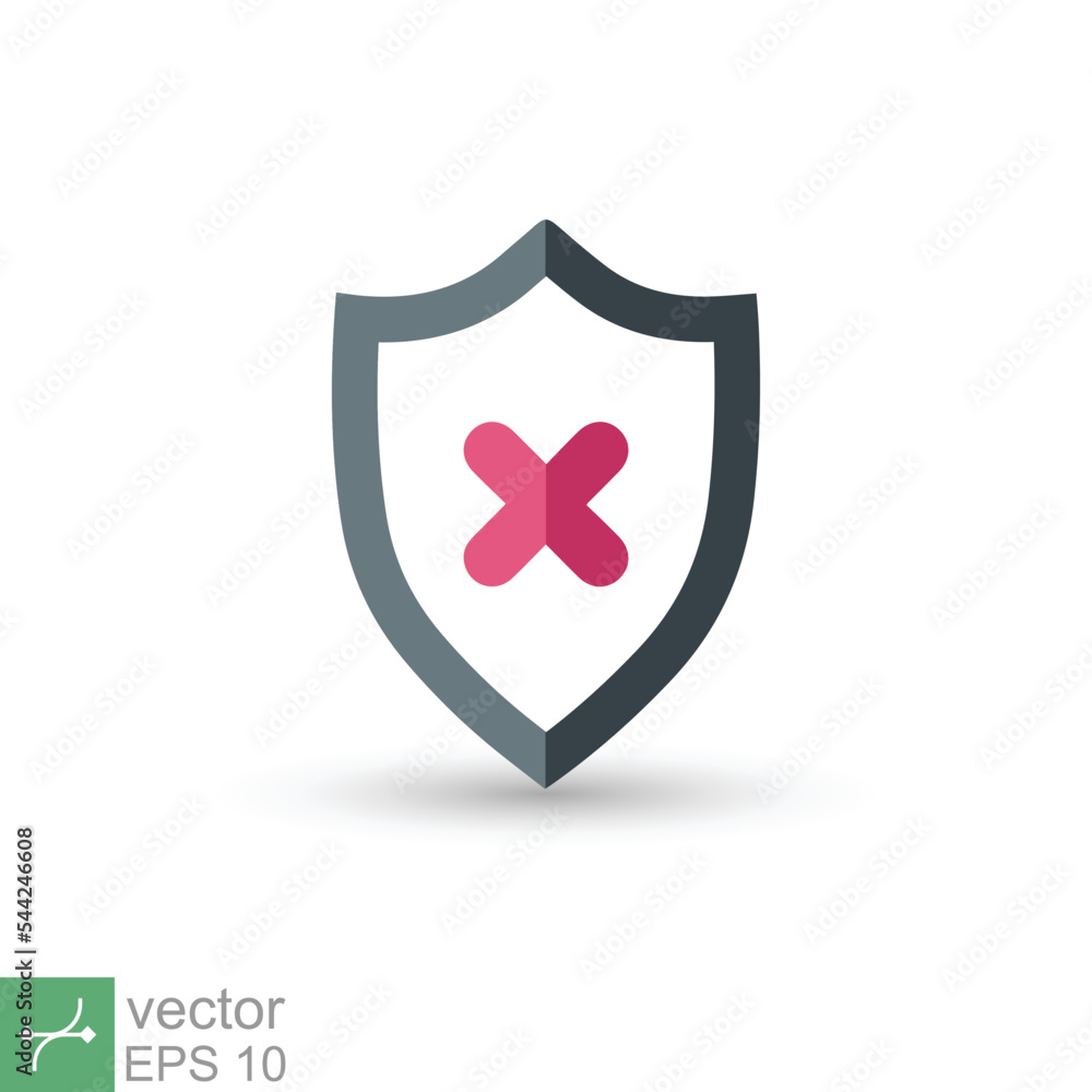 Shield with cross mark icon. Simple flat style. Decline, check mark ...