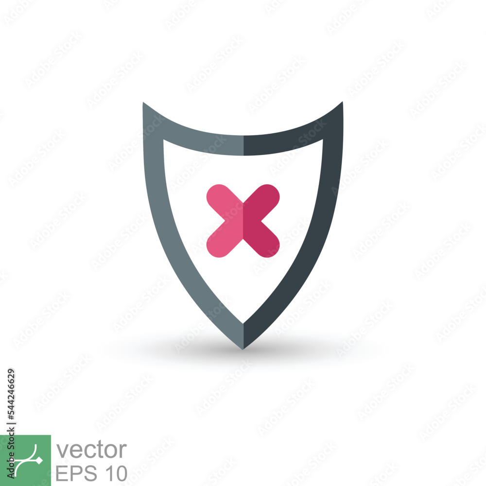 Shield with cross mark icon. Simple flat style. Decline, check mark ...
